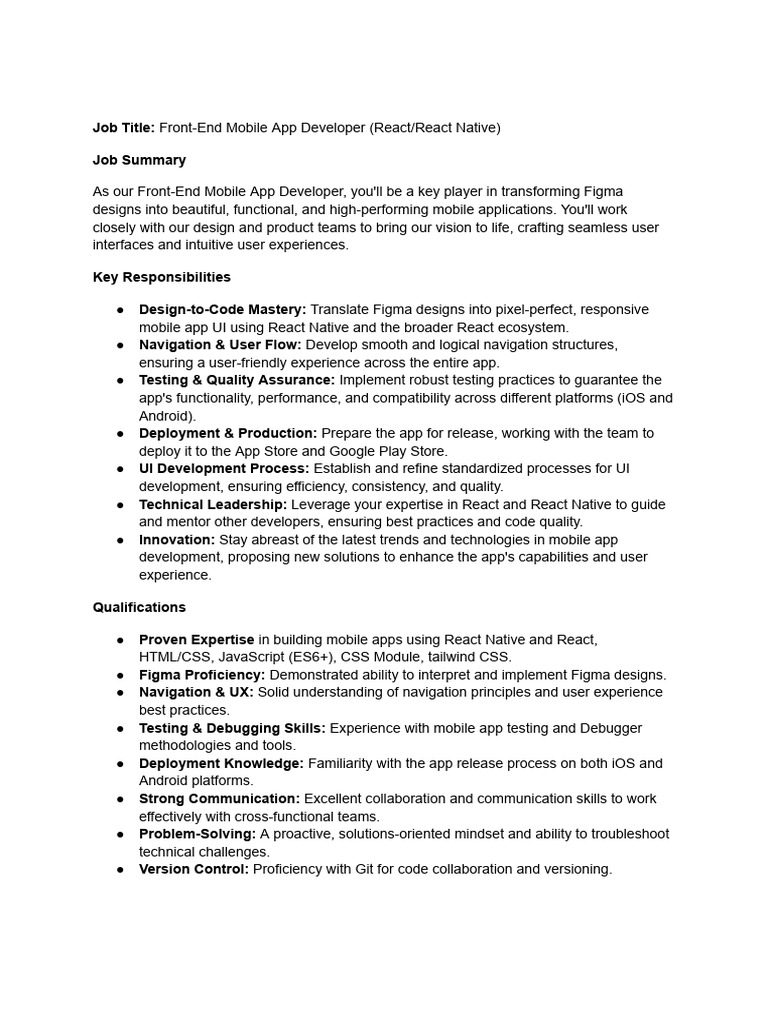 One7Sports - JD - Front-End Mobile App Developer | PDF One7Sports - JD - Front-End Mobile App Developer | PDF