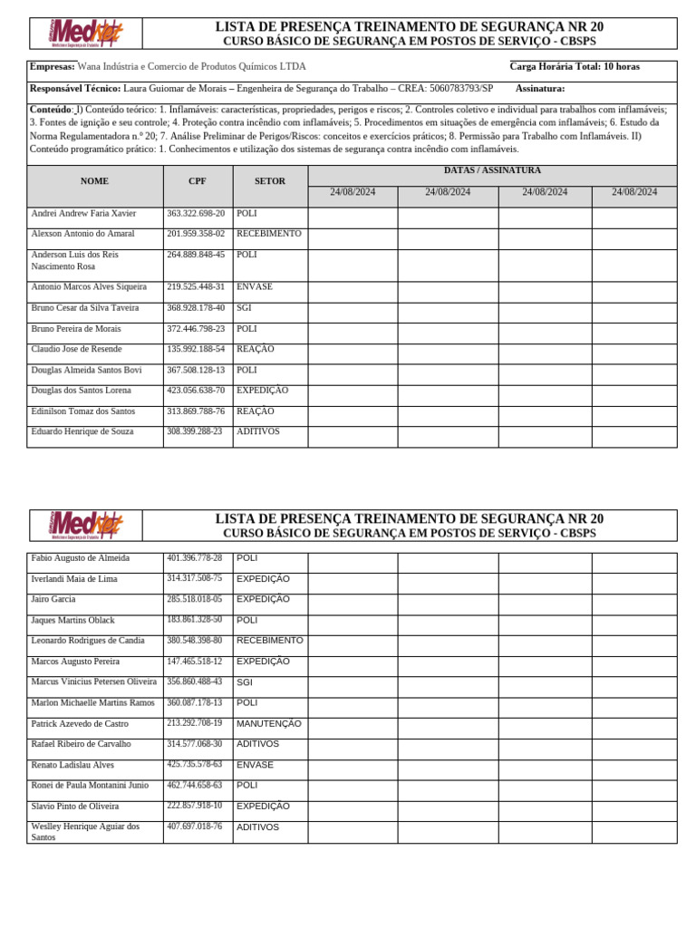 Lista de Treinamento Nr-20 | PDF