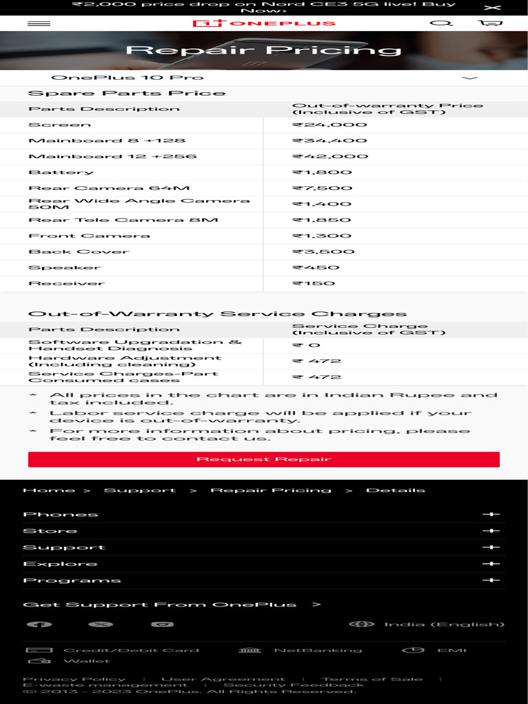Repair Pricing - OnePlus (India) | PDF