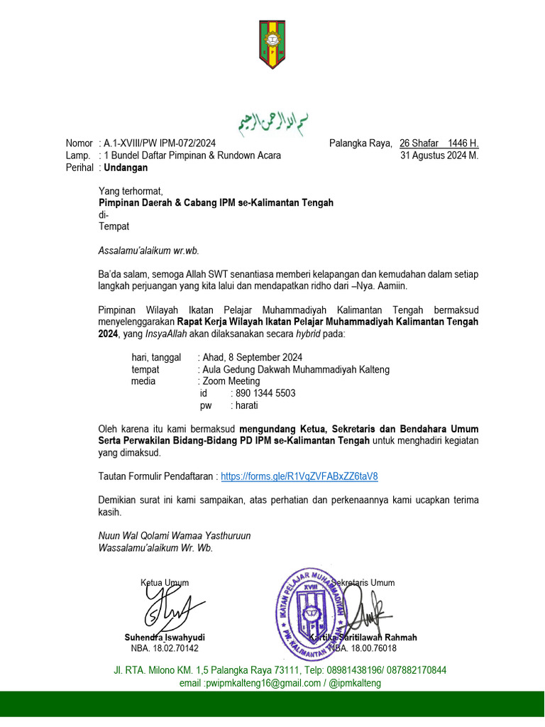 072 - Surat Undangan Rakerwil IPM Kalteng | PDF