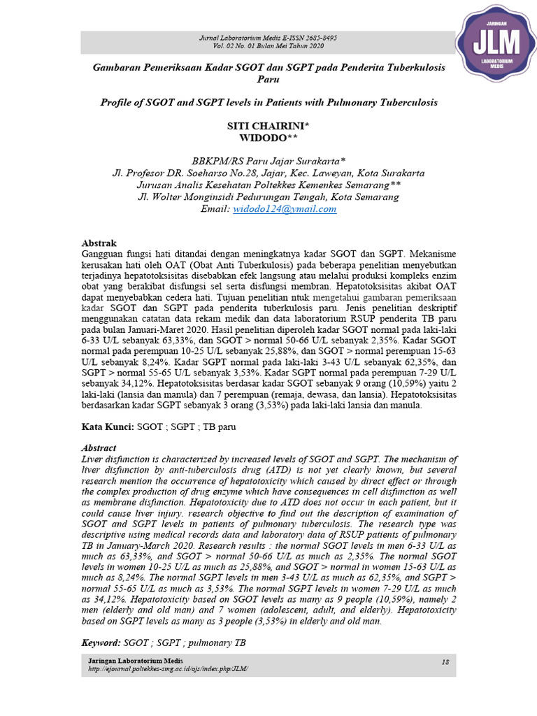 Gambaran Pemeriksaan Kadar SGOT Dan SGPT Pada Penderita Tuberkulosis Paru Profile of SGOT and ...