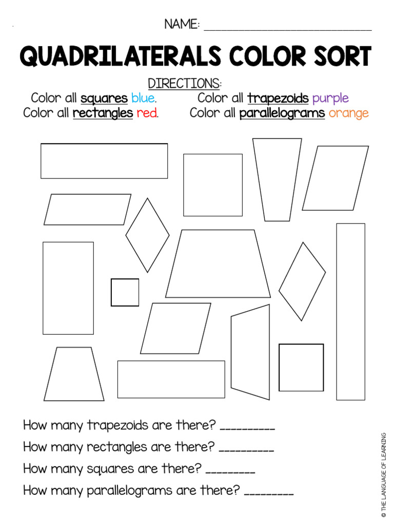 Quadrilaterals Color Sort: Squares Trapezoids Rectangles Parallelograms ...