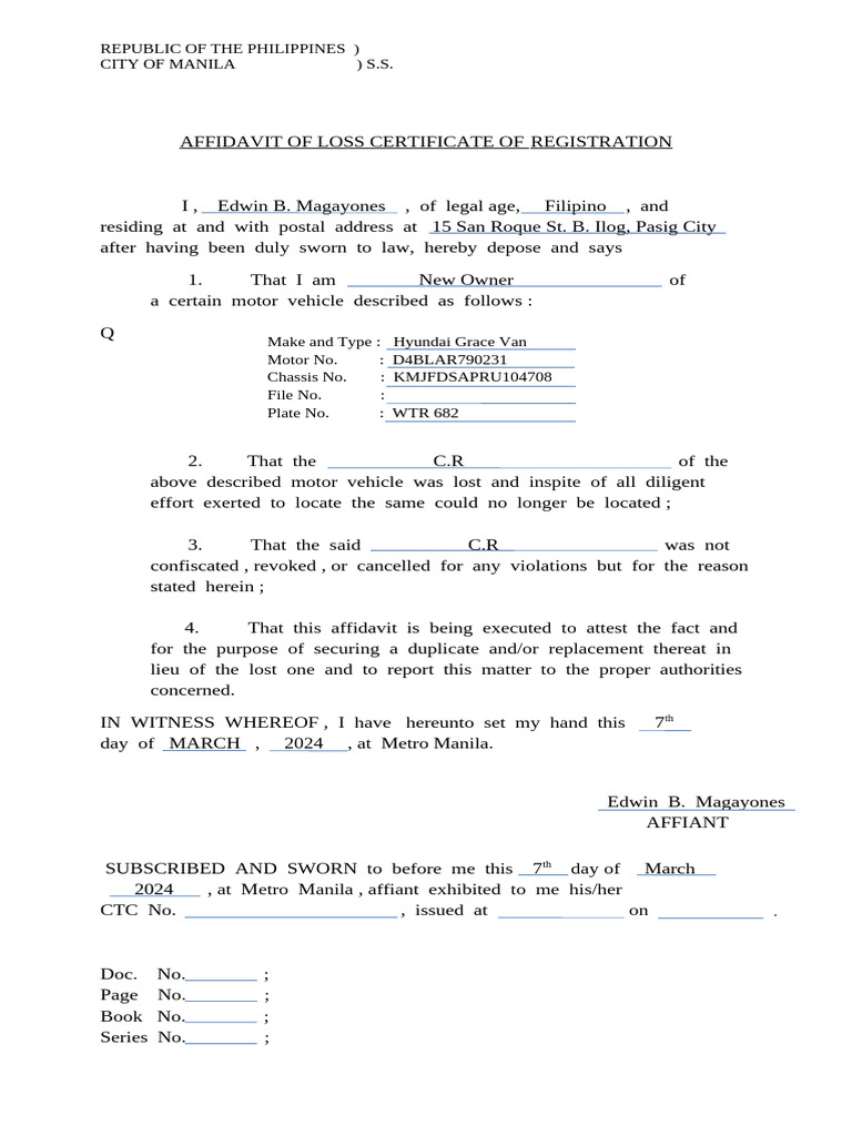 Affidavit of Loss Certificate of Registration | PDF