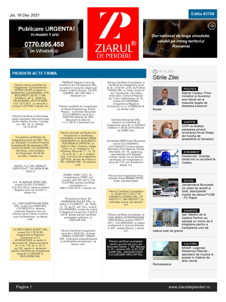 Ziarul de Pierderi® #3768 - pierderi Pierderi Acte Firma, 16.12.2021 | PDF
