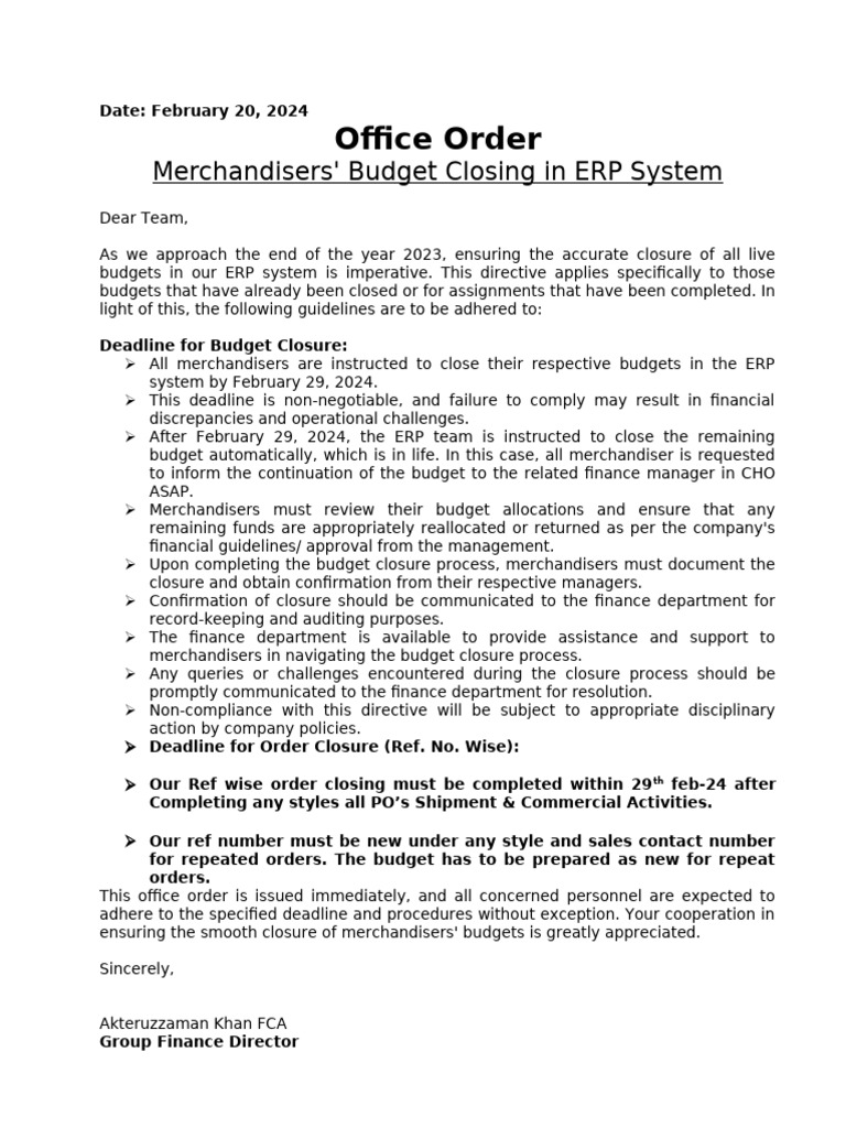 Office Order Budget Closing and order entry | PDF