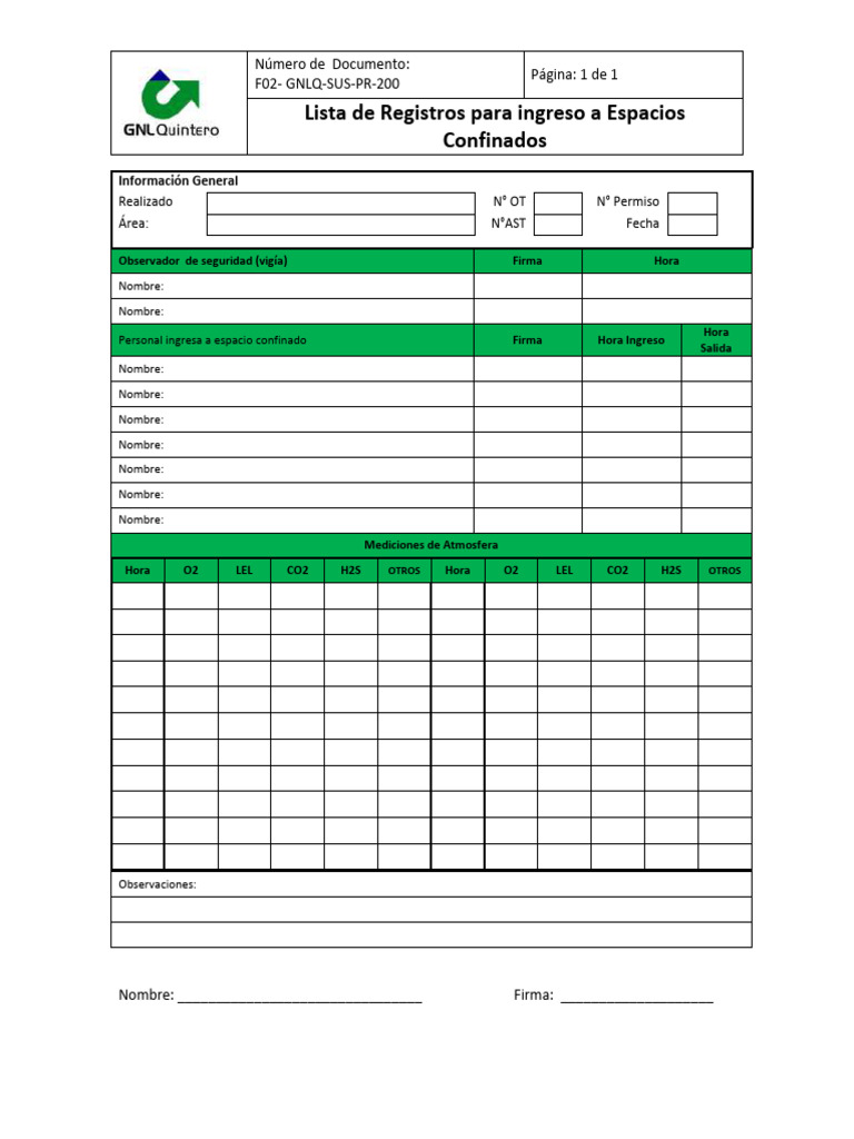 F02-GNLQ-SUS-PR-200 Lista de Registros para Ingreso A Espacios Confinados | PDF