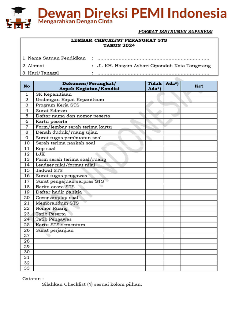 Lembar Checklist Perangkat STS Ganjil 2024 | PDF