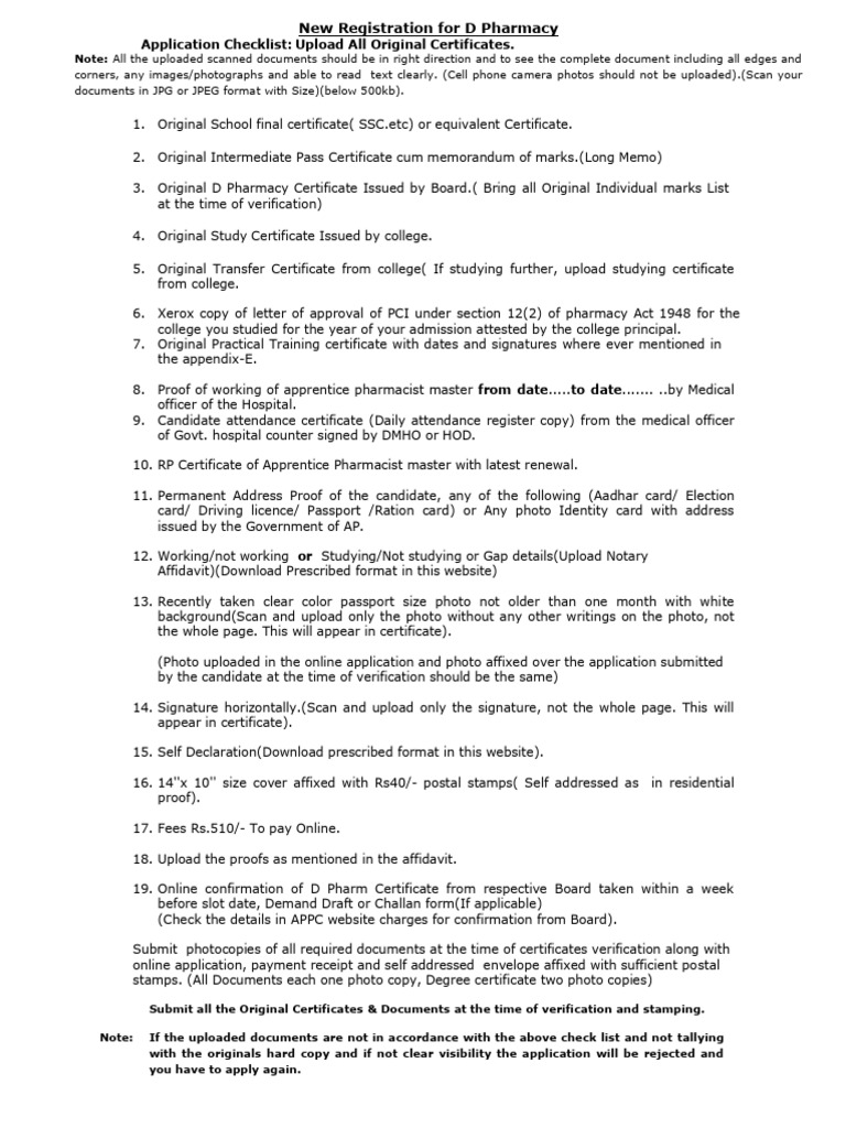 New Registration for D Pharmacy Checklist | PDF