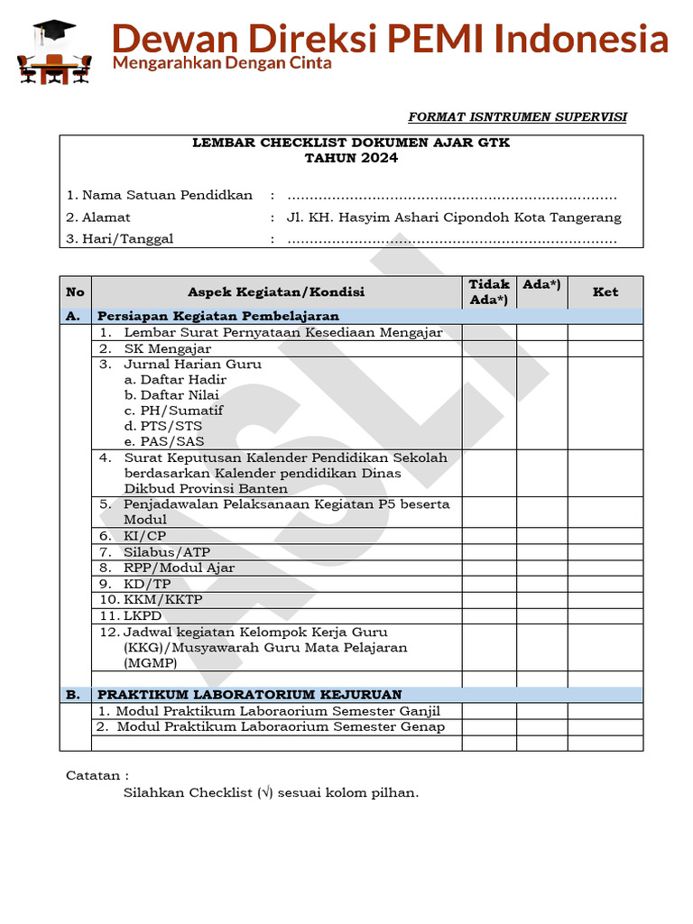Lembar Checklist Perangkat Ajar GTK Ta 20242025 | PDF