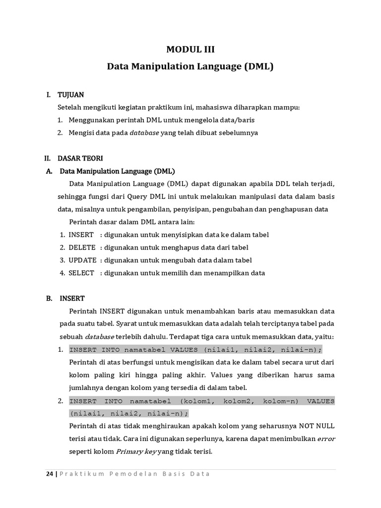 Modul 3 PBD_Data Manipulation Language (DML)(1) | PDF