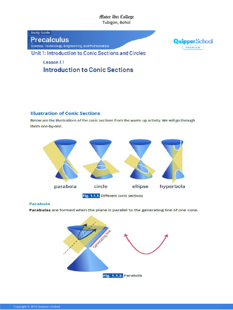 Study Guide Week 1 Precal Conic Sections | PDF