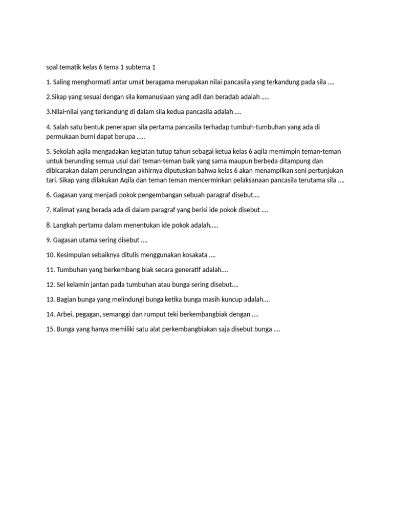 Soal Tematik Kelas 6 Tema 1 Subtema 1 Baru | PDF
