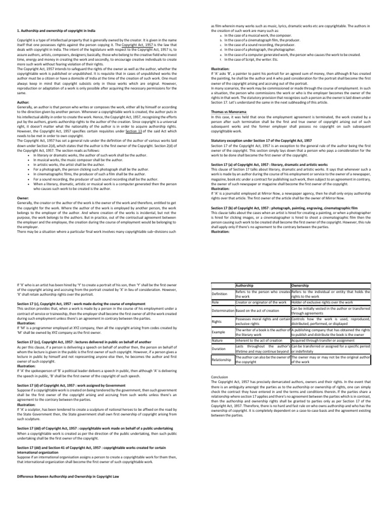 Copyright Act 1957: Authorship & Ownership | PDF | Copyright | Author