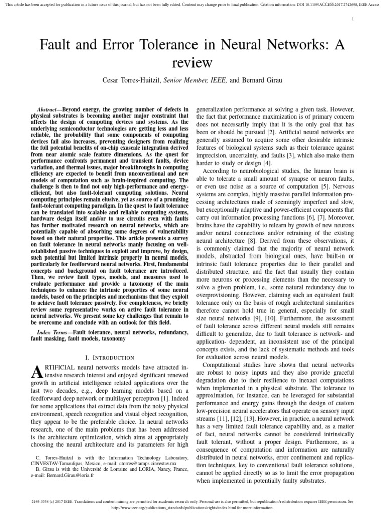 Fault and Error Tolerance in Neural Networks A Rev | PDF