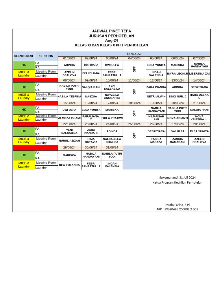 Jadwal Piket Tefa Perhotelan Agustus 2024 | PDF