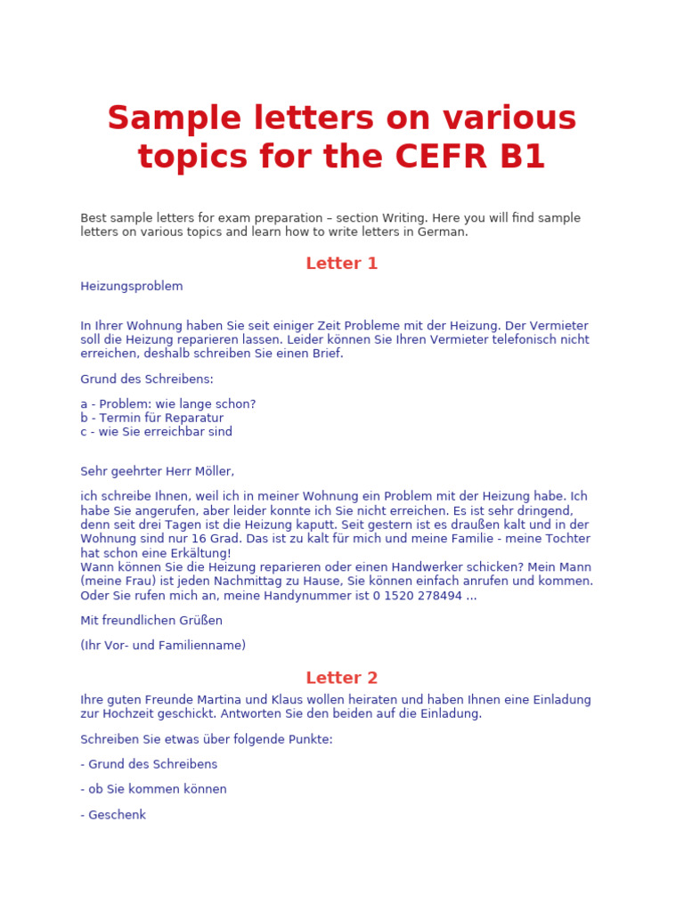 Sample Letters On Various Topics For The CEFR B1 | PDF