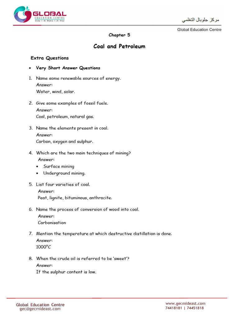 Coal and Petroleum Revision Questions | PDF