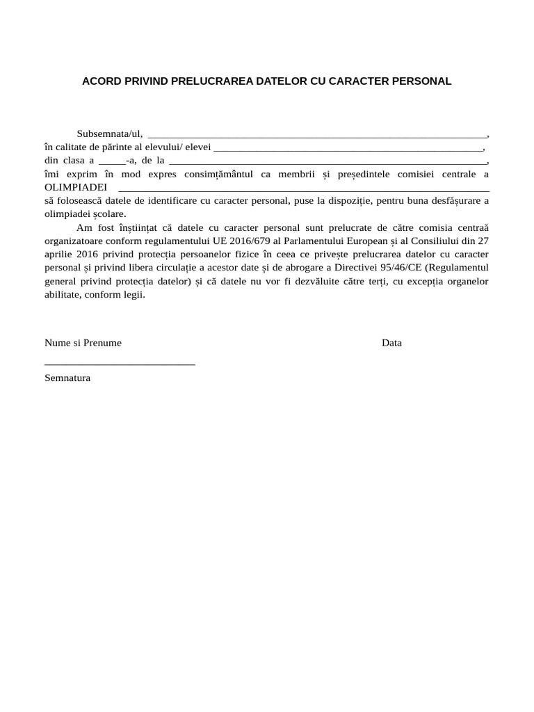 Acord Prelucrare Date Elevi - 2023 | PDF