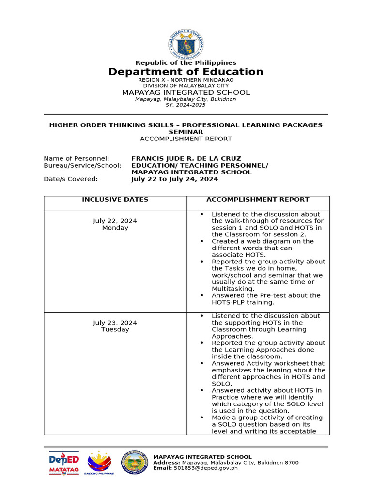 Hots-Plp Training Accomplishment Report | PDF