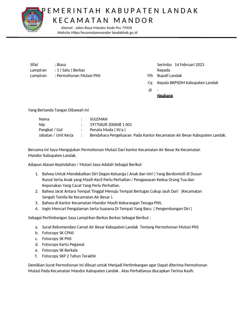 Surat Mutasi PNS | PDF