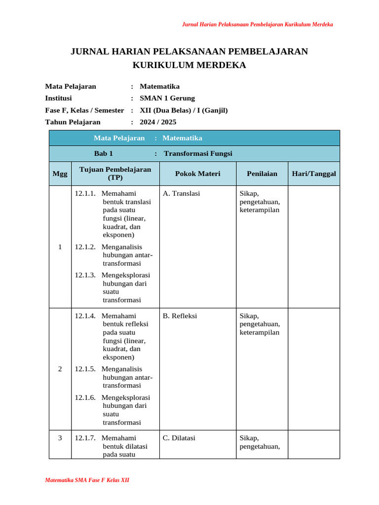 Jurnal Mengajar Harian Kurikulum Merdeka | PDF