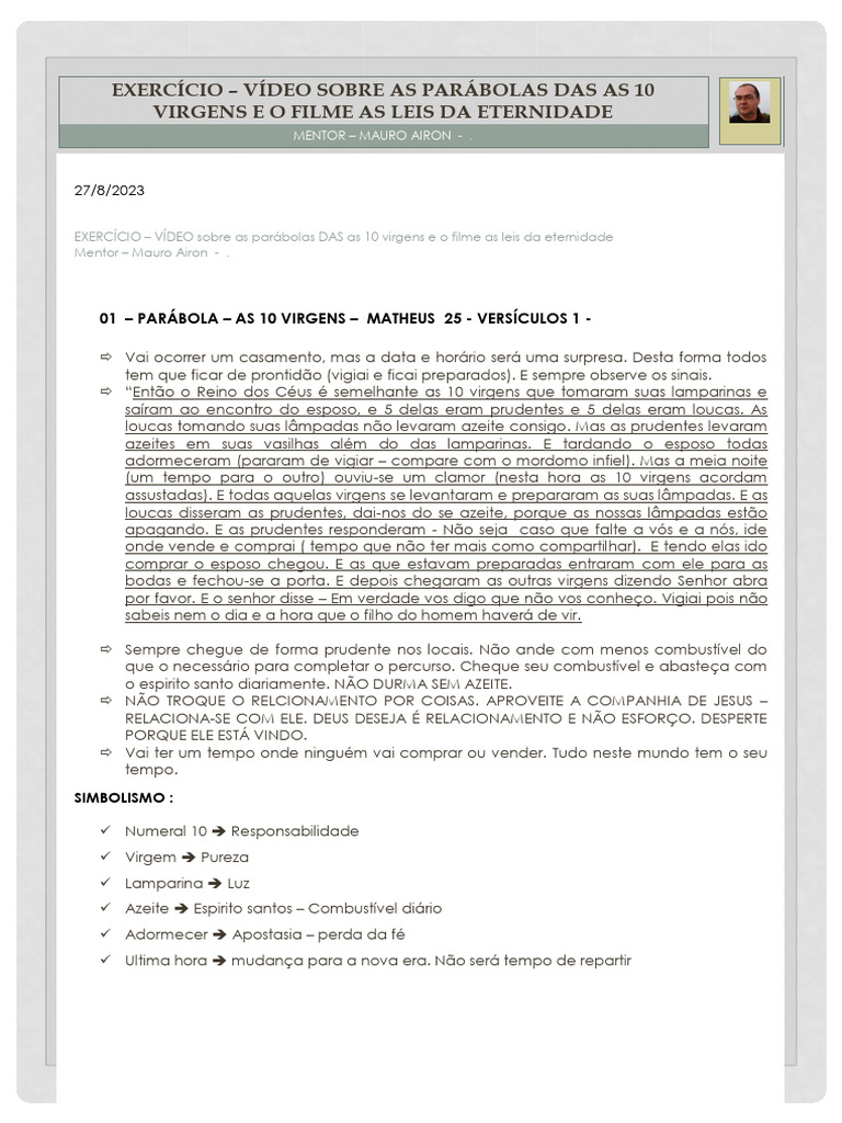 Mentoria - Parabola Das 10 Virgens - EXercicio Aula 19 | PDF
