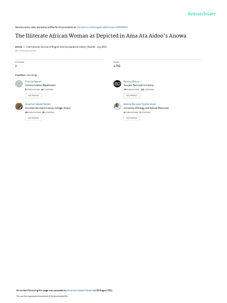 The Illiterate African Woman As Depicted in Ama Ata Aidoo's Anowa | PDF