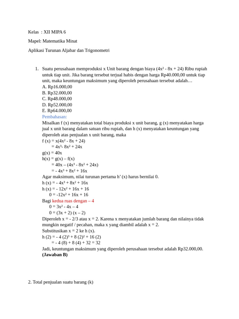 Kelas Xii Mipa 6 Aplikasi Turunan | PDF