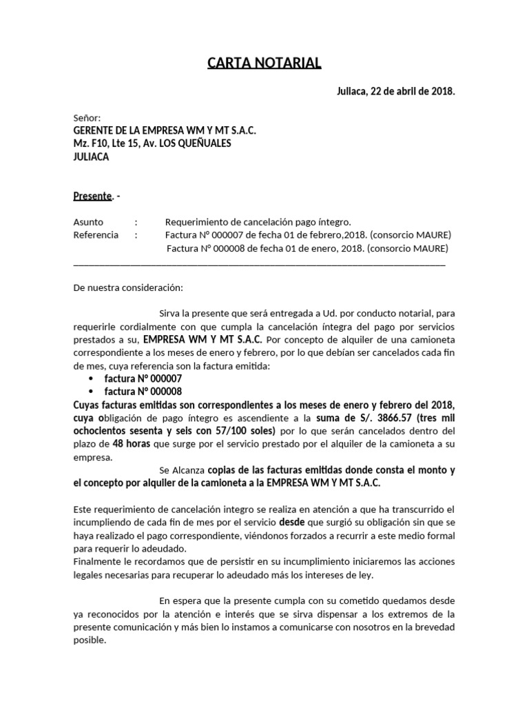 -carta-notarial-de-requerimiento-de-pago- civil | PDF