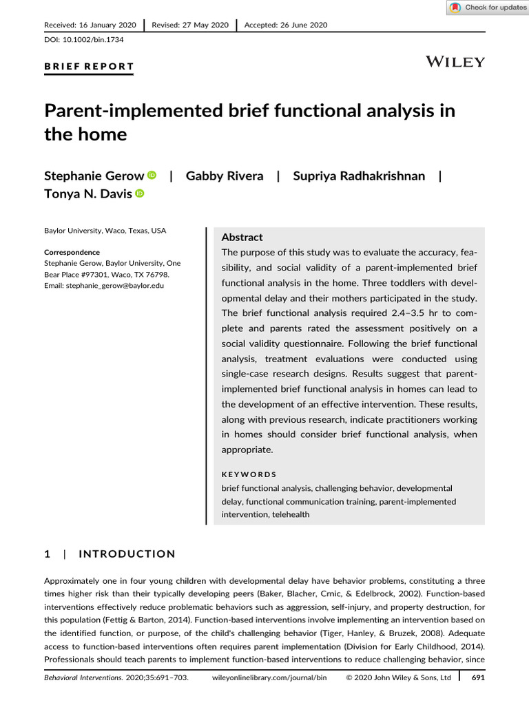 Behavioral Interventions - 2020 - Gerow - Parent Implemented Brief Functional Analysis in The ...