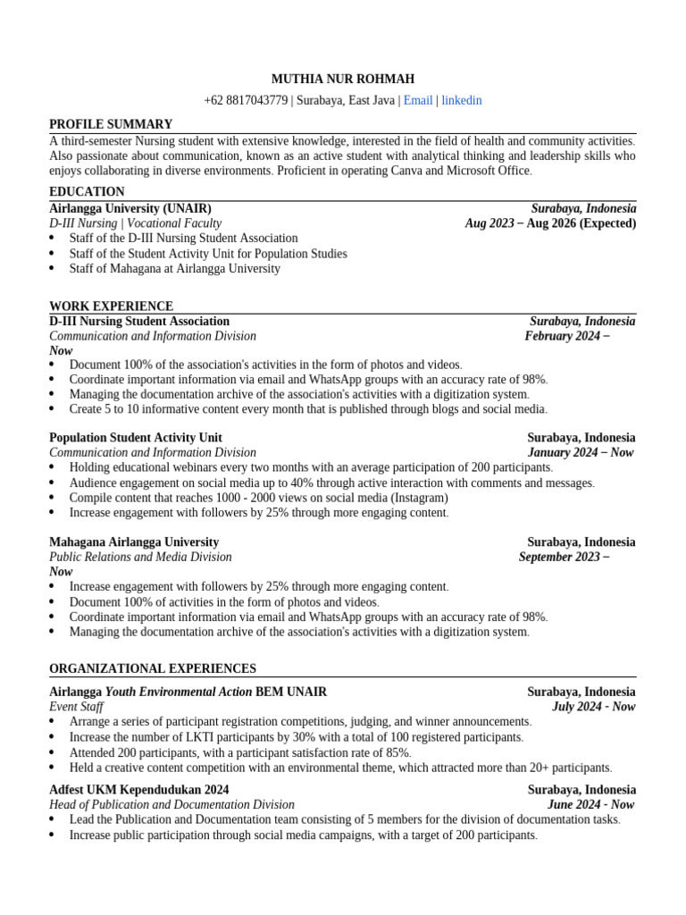 CV Muthia Nur Rohmah | PDF