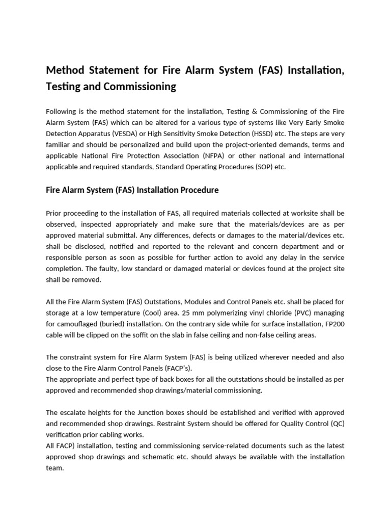 Method Statement For Fire Alarm System Installation | PDF