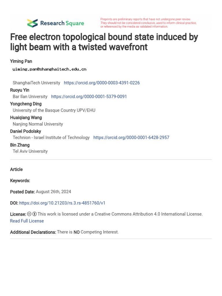 Free Electron Topological Bound State Induced by Light Beam With A ...