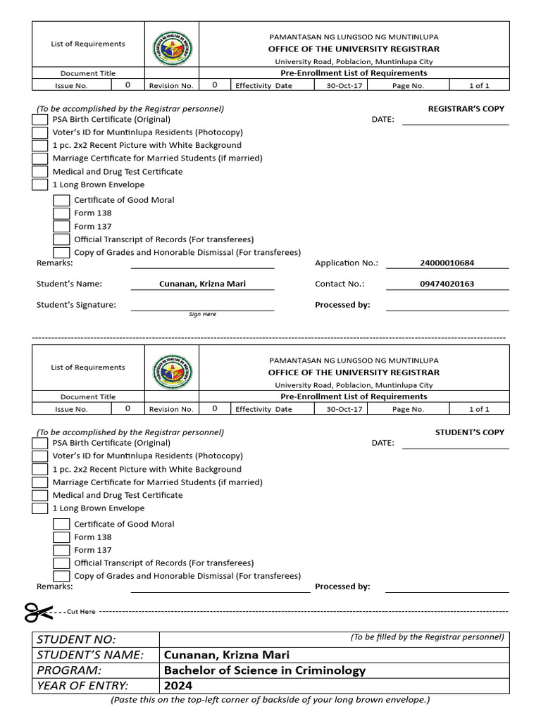 Pre Enrollment Form | PDF