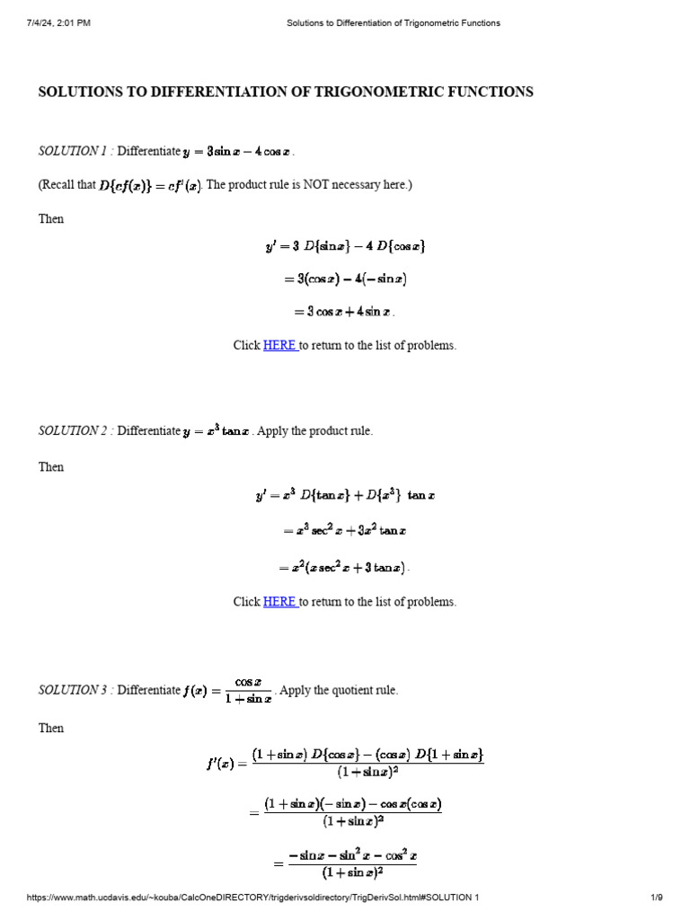 Solutions To Differentiation of Trigonometric Functions | PDF | Derivative | Teaching Methods ...
