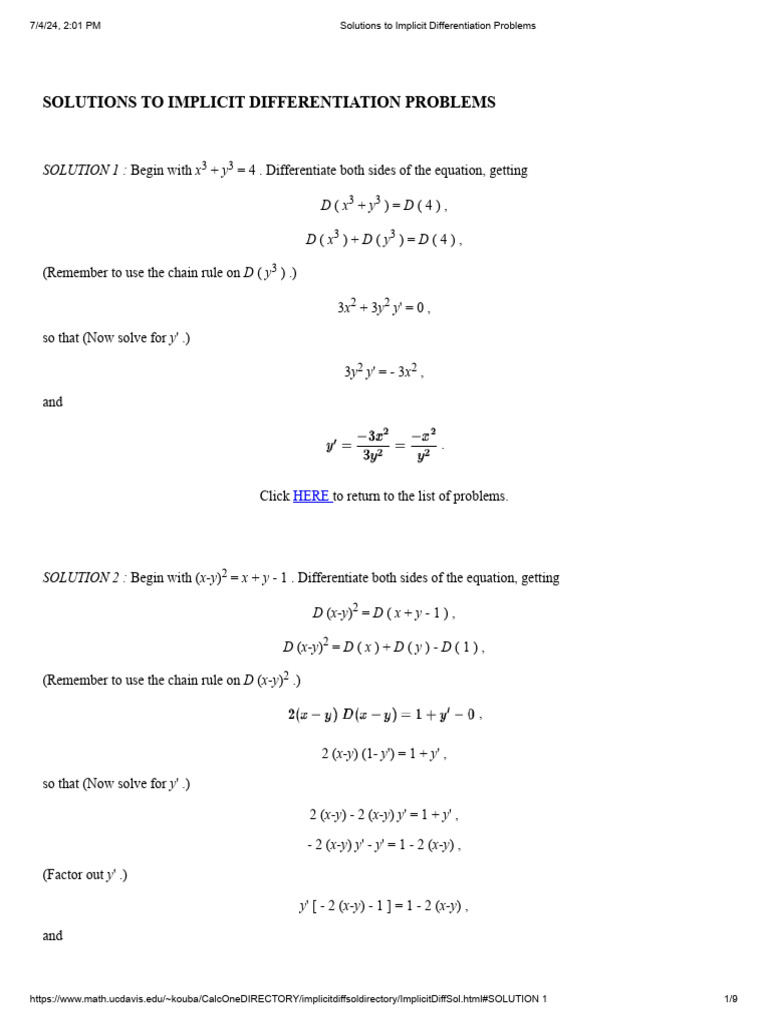 Solutions To Implicit Differentiation Problems | PDF | Tangent | Slope