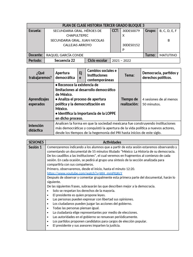Plan de Clase Historia Tercer Grado Bloque 3 | PDF