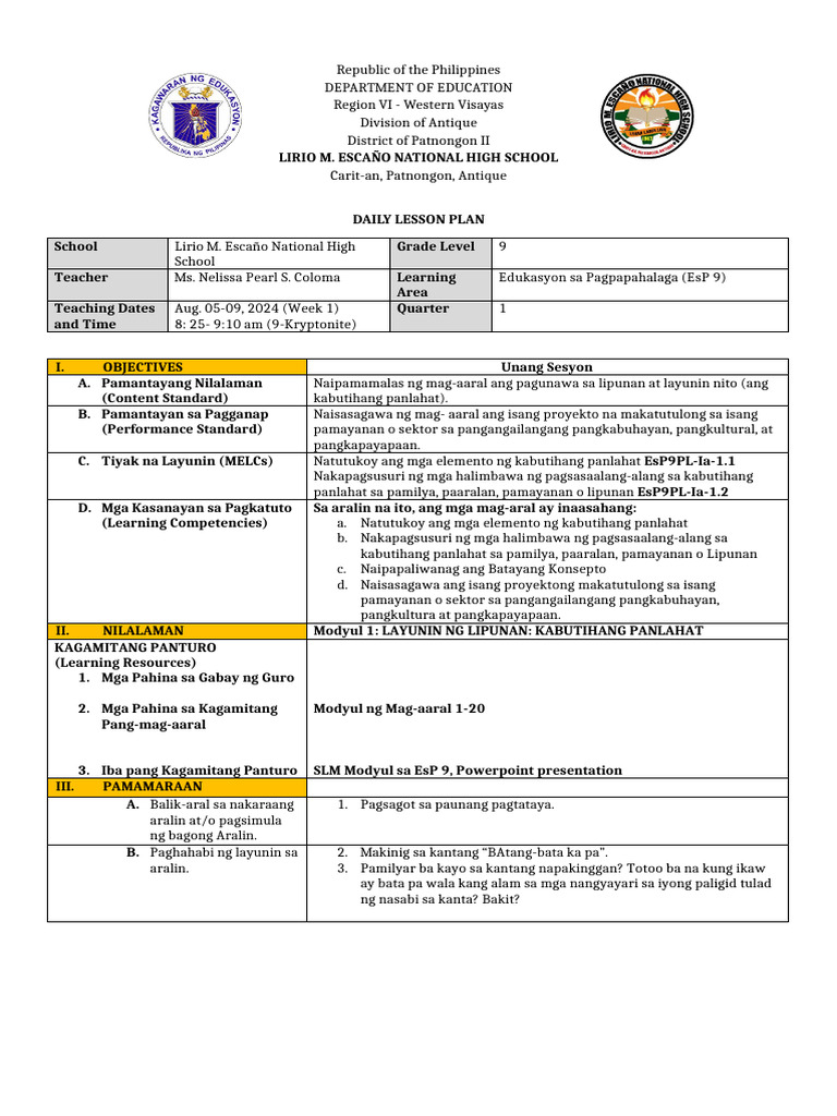 Daily Lesson Plan for EsP 9: Kabutihang Panlahat | PDF
