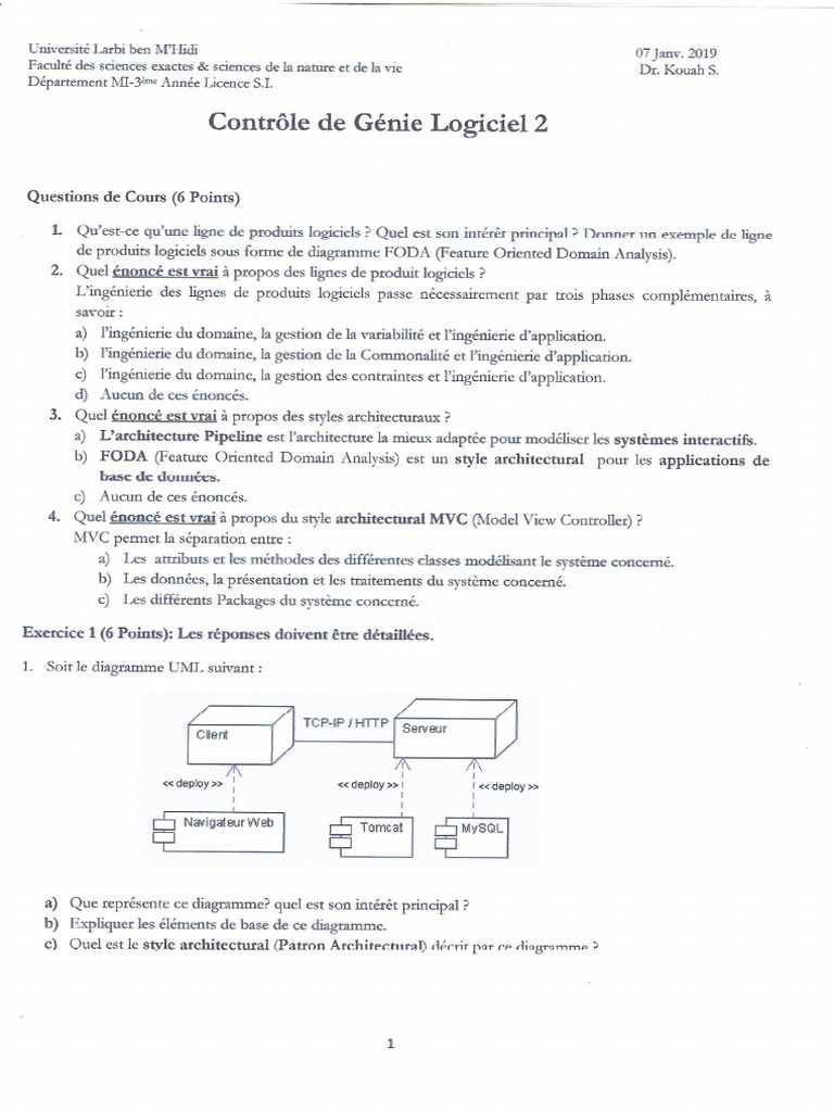 Examen Génie Logiciel, Univ Oum El Bouagui, 2019 | PDF