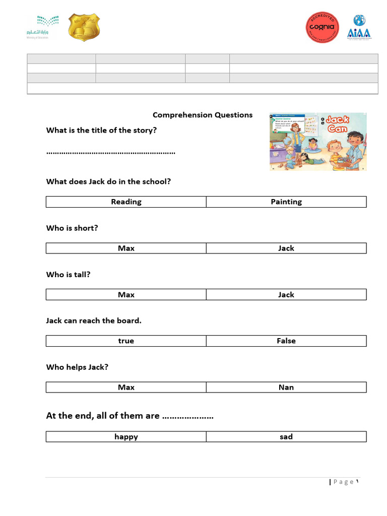 Jack Can The Story - Reading Comprehension Questions | PDF