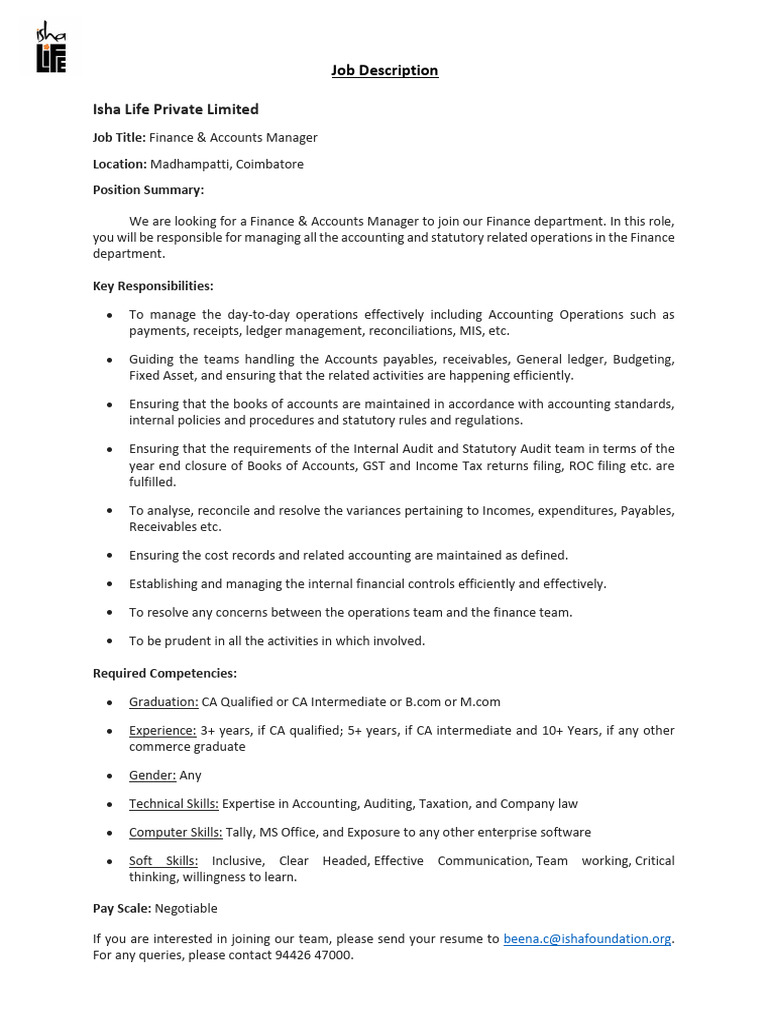 JD - Finance & Accounts Manager | PDF