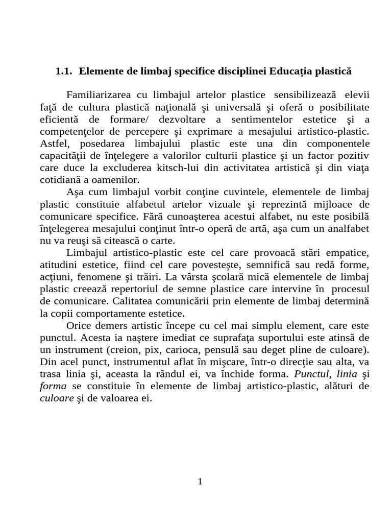 Elemente de Limbaj Specifice Disciplinei Educația Plastică | PDF