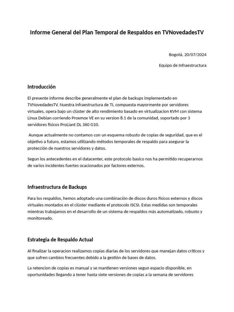 Informe General Del Plan de Respaldos Temporal en TVNovedadesTV | PDF | Apoyo | Informática