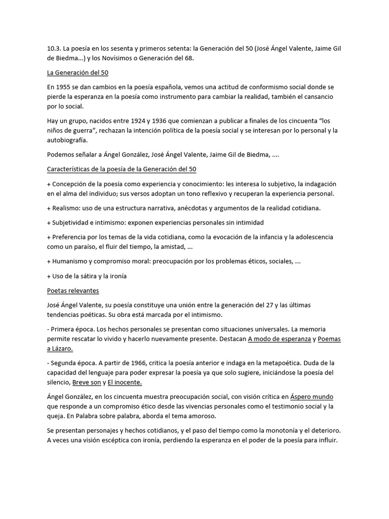10.3. La Poesía en Los Sesenta y Primeros Setenta La Generación Del 50 ...