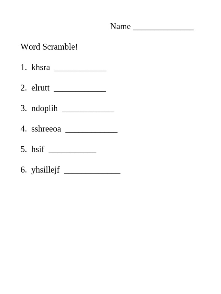 Water Animal Word Scramble | PDF