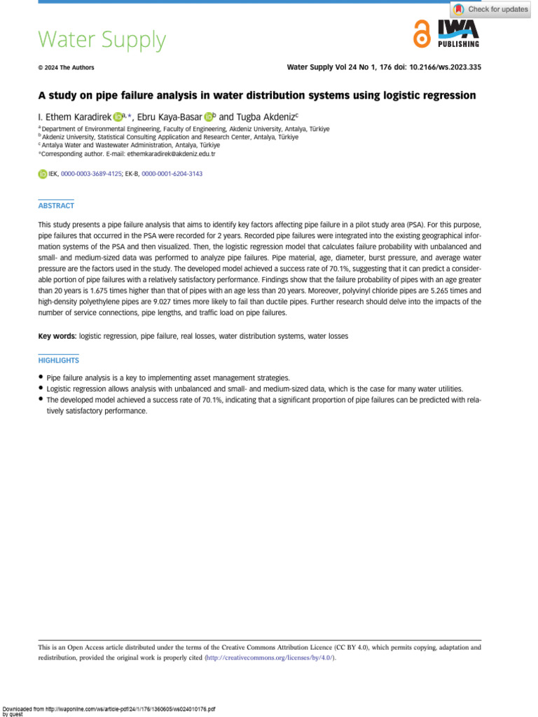 A Study On Pipe Failure Analysis in Water Distribution Systems Using ...