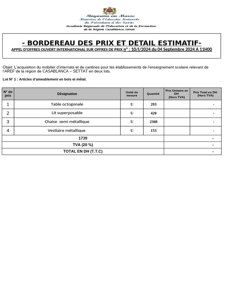 BORDEREAU AOO 10.I.2024--Lot n°1 | PDF