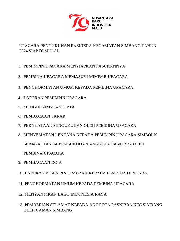 Upacara Pengukuhan Paskibra Kecamatan Simbang Tahun 2024 Siap Di Mulai | PDF