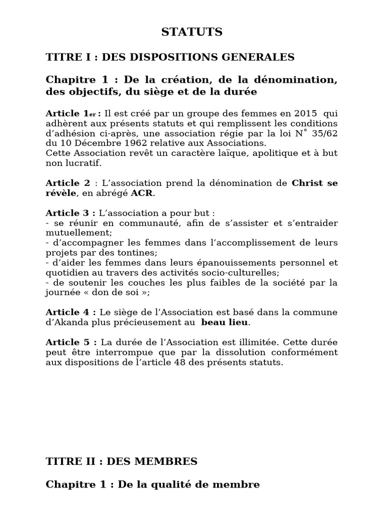 Modele Statuts Et Reglement Interieur Association | PDF