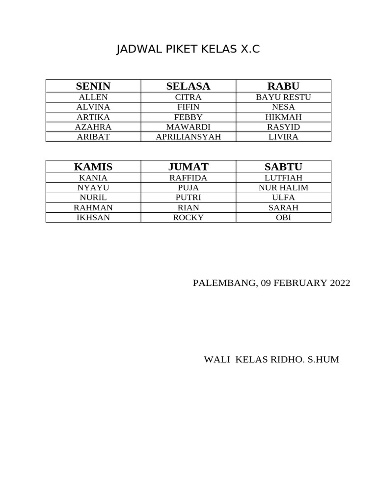 Jadwal Piket Kelas XC | PDF